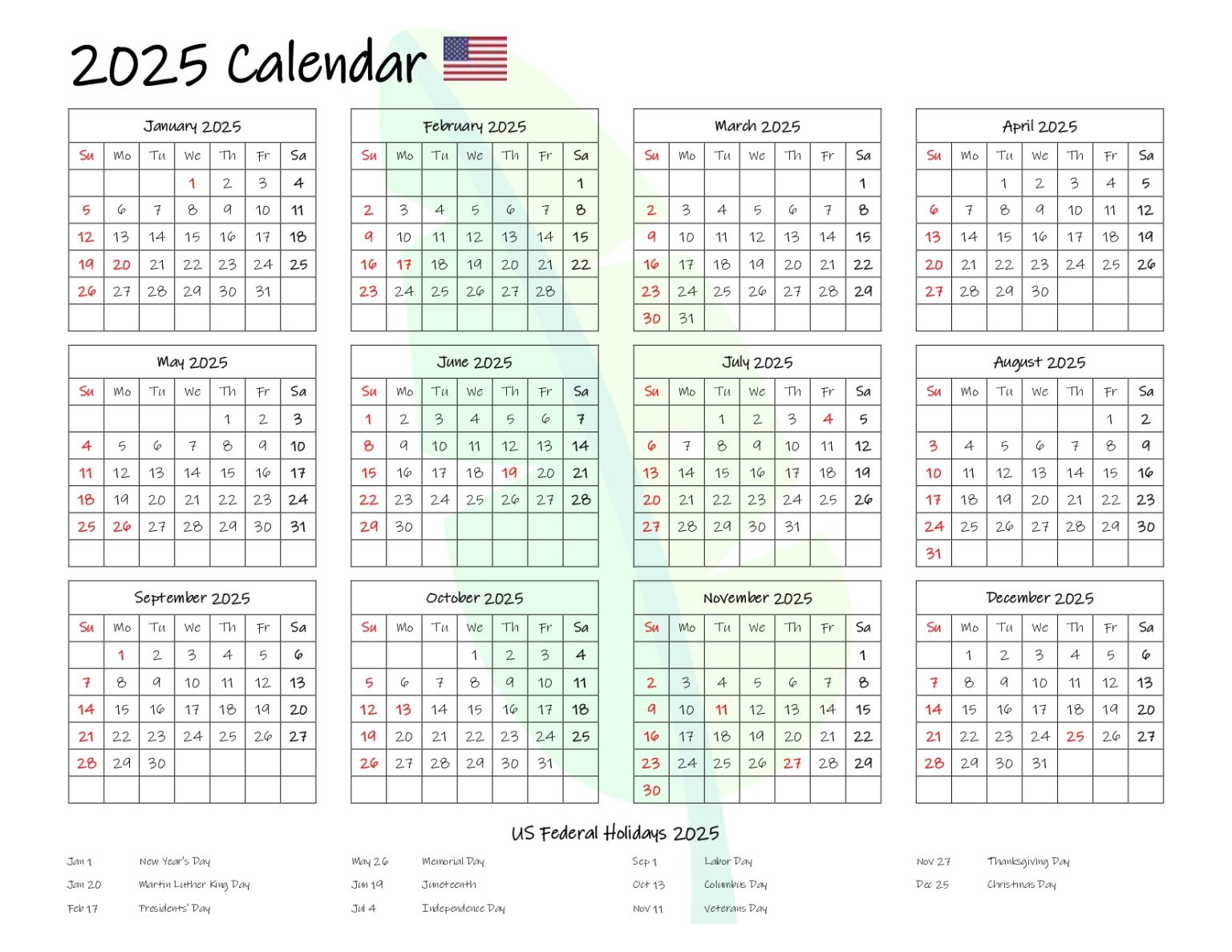 Printable 2025 Calendar with Holidays (12 month on one page)