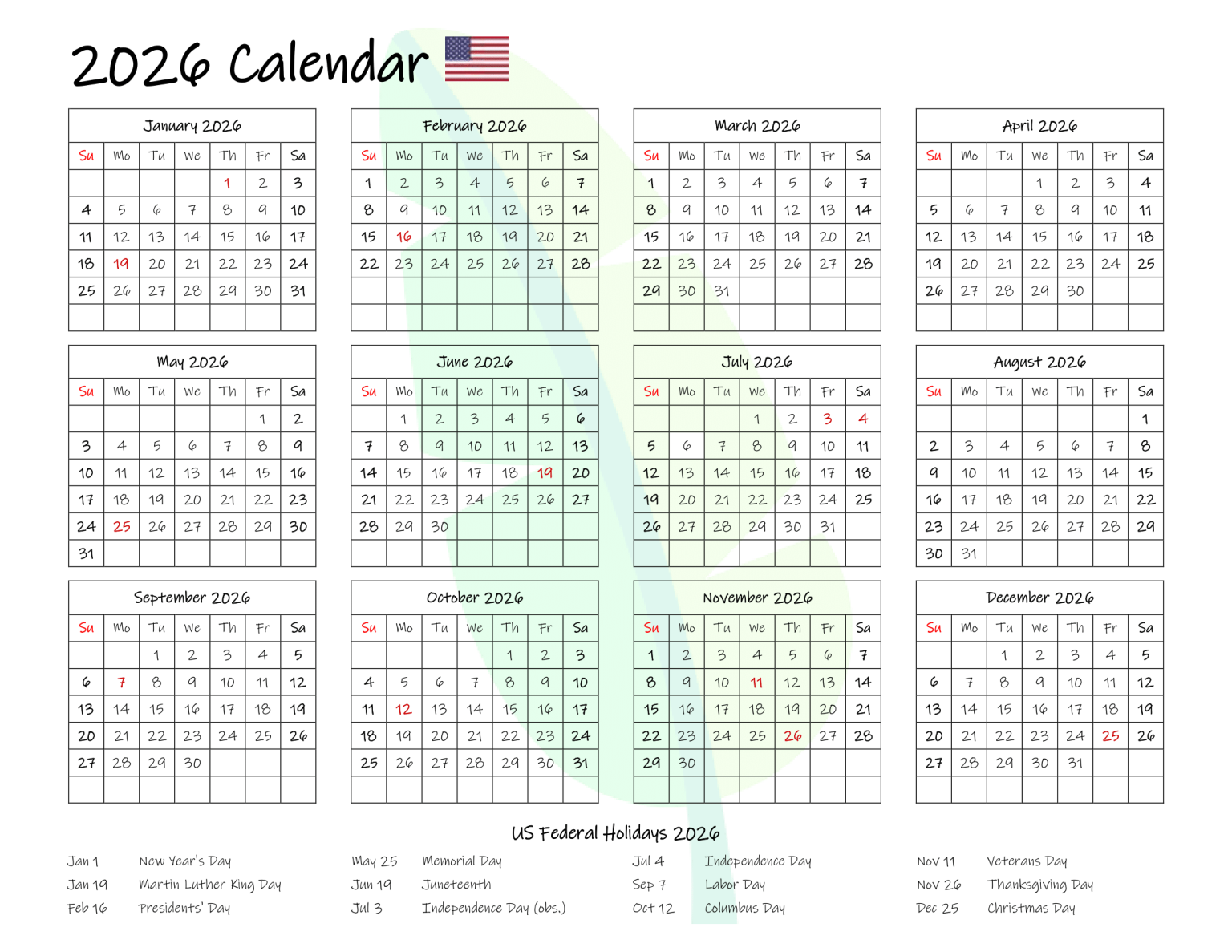Printable 2026 Calendar with US Holidays - One Page PDF