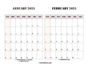 January February 2025 Calendar - 2 Month Printable PDF