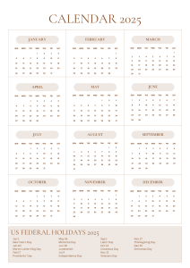 Printable 2025 Calendar with Holidays (12 month on one page)