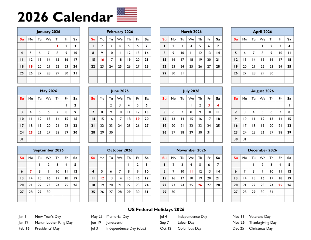 Printable 2026 Calendar with US Holidays - One Page PDF