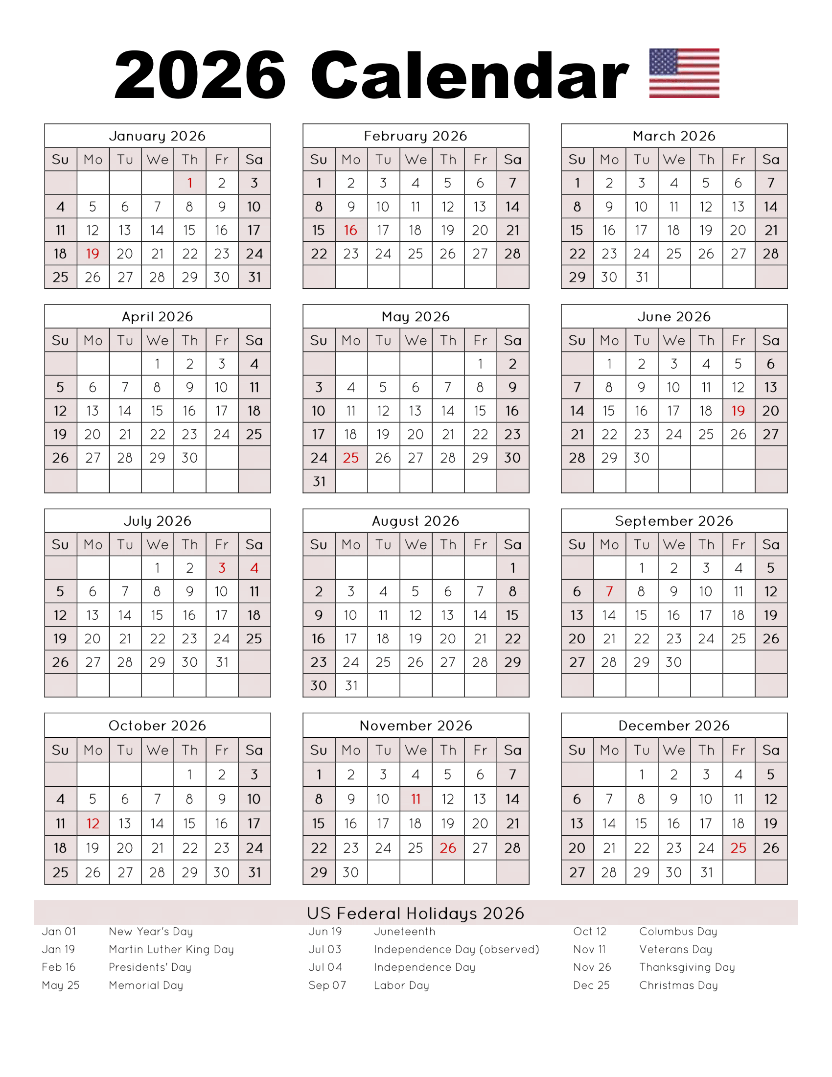 2026 Calendar With Holidays Printable Pdf 2026 Calendar With Holidays Printable Pdf