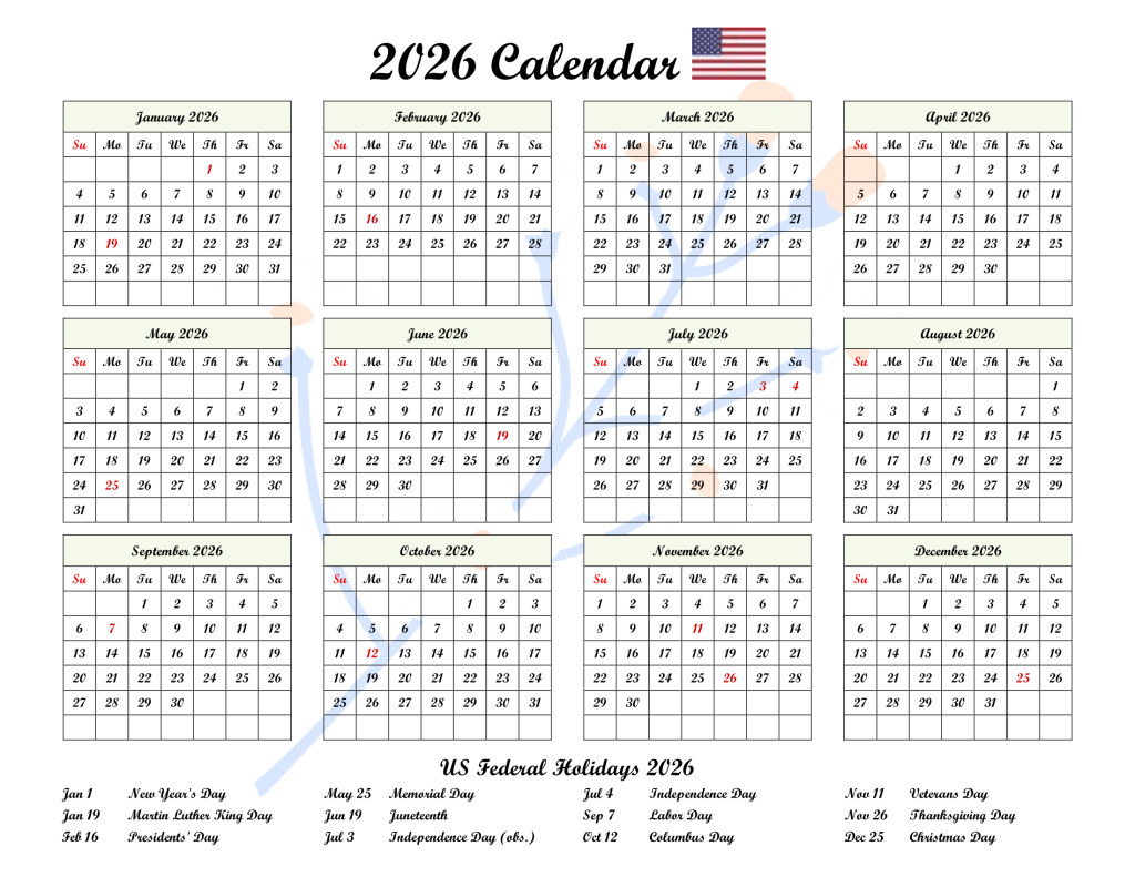 Printable 2026 Calendar with US Holidays - One Page PDF