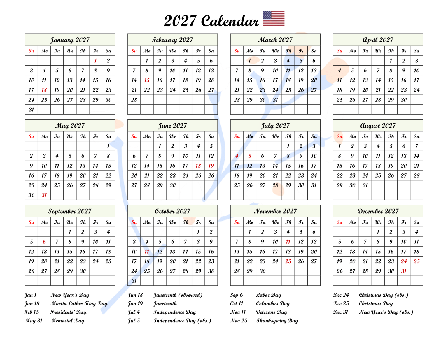 Printable 2027 Calendar on One Page PDF