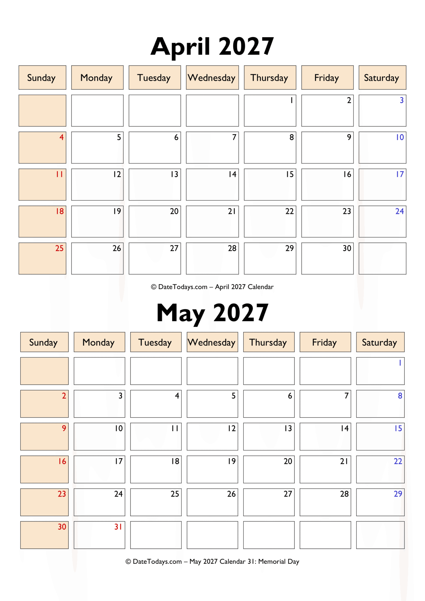 April May 2027 Calendar Printable