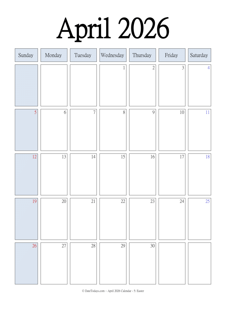 Printable April 2026 Calendar with Holidays - Printable PDF