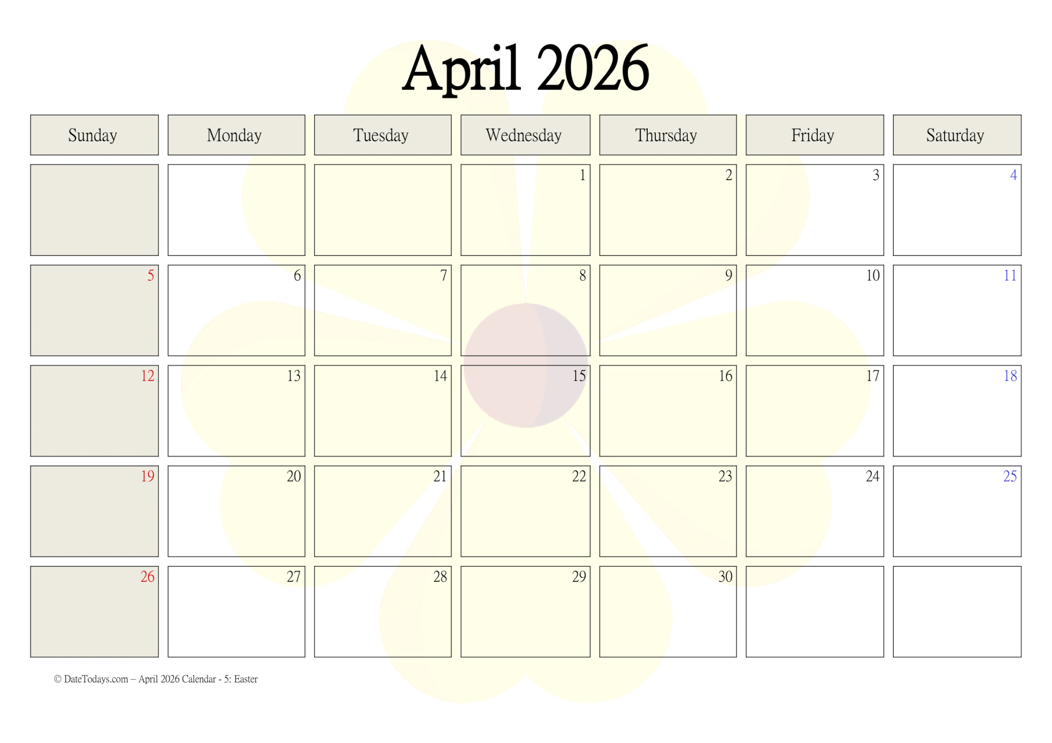 Printable April 2026 Calendar with Holidays - Printable PDF