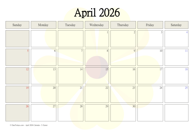 Printable April 2026 Calendar with Holidays - Printable PDF