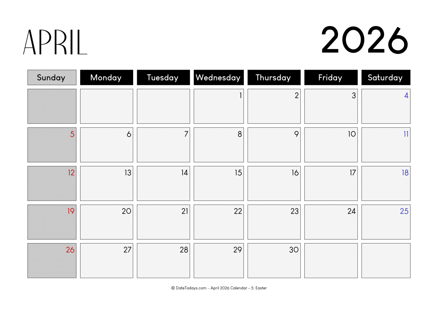Printable April 2026 Calendar with Holidays - Printable PDF