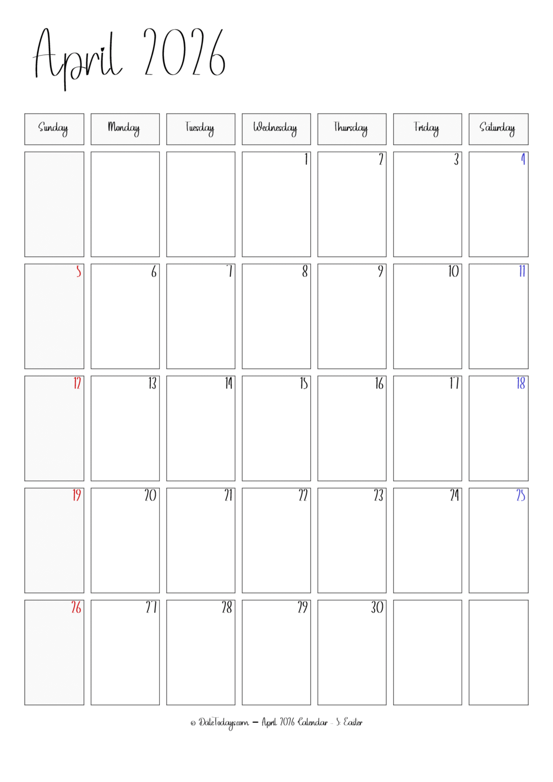 Printable April 2026 Calendar with Holidays - Printable PDF
