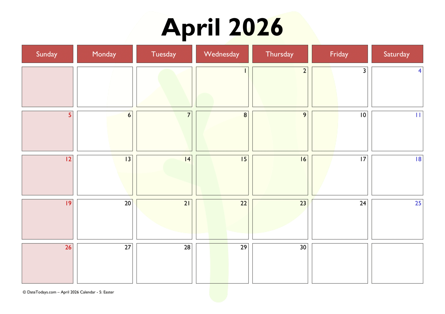 Printable April 2026 Calendar with Holidays - Printable PDF