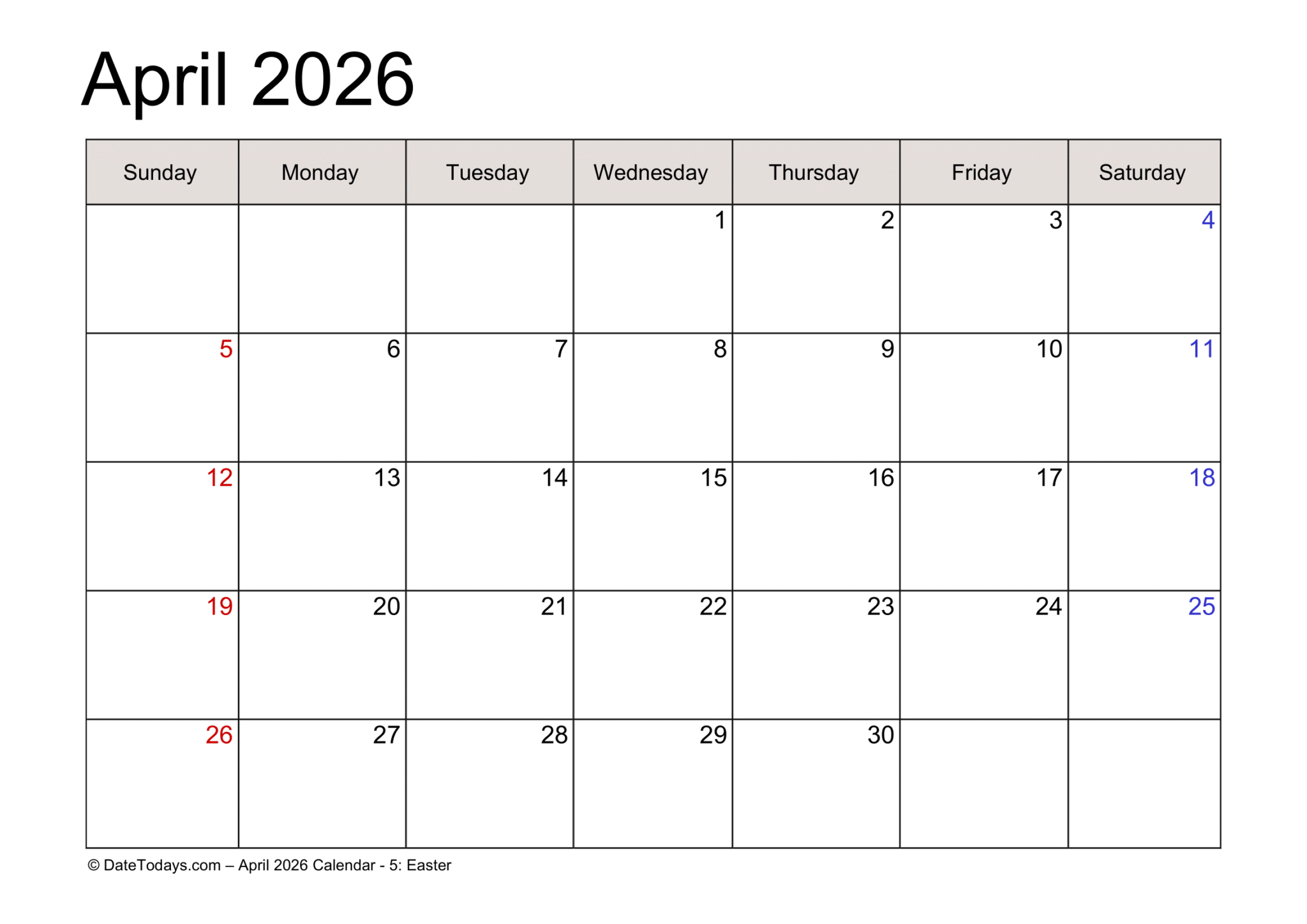 Printable April 2026 Calendar with Holidays - Printable PDF