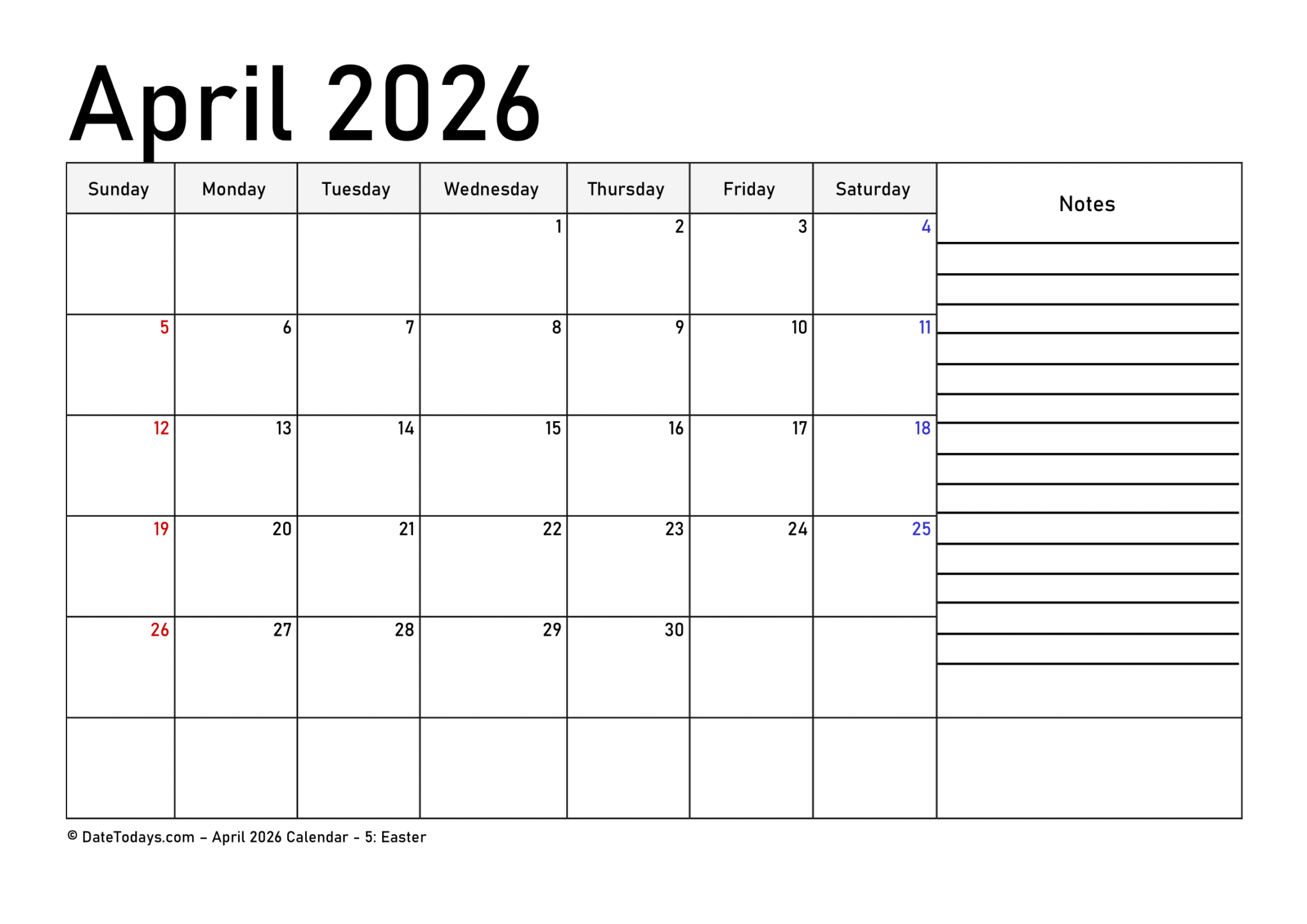 Printable April 2026 Calendar with Holidays - Printable PDF