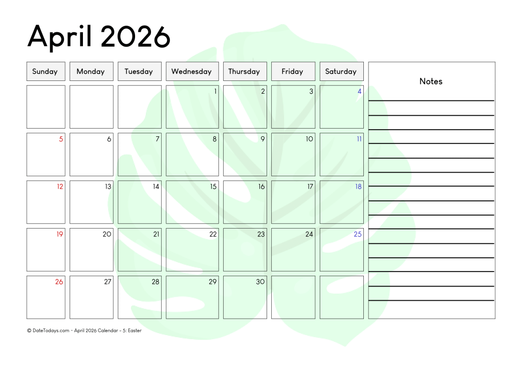Printable April 2026 Calendar with Holidays - Printable PDF