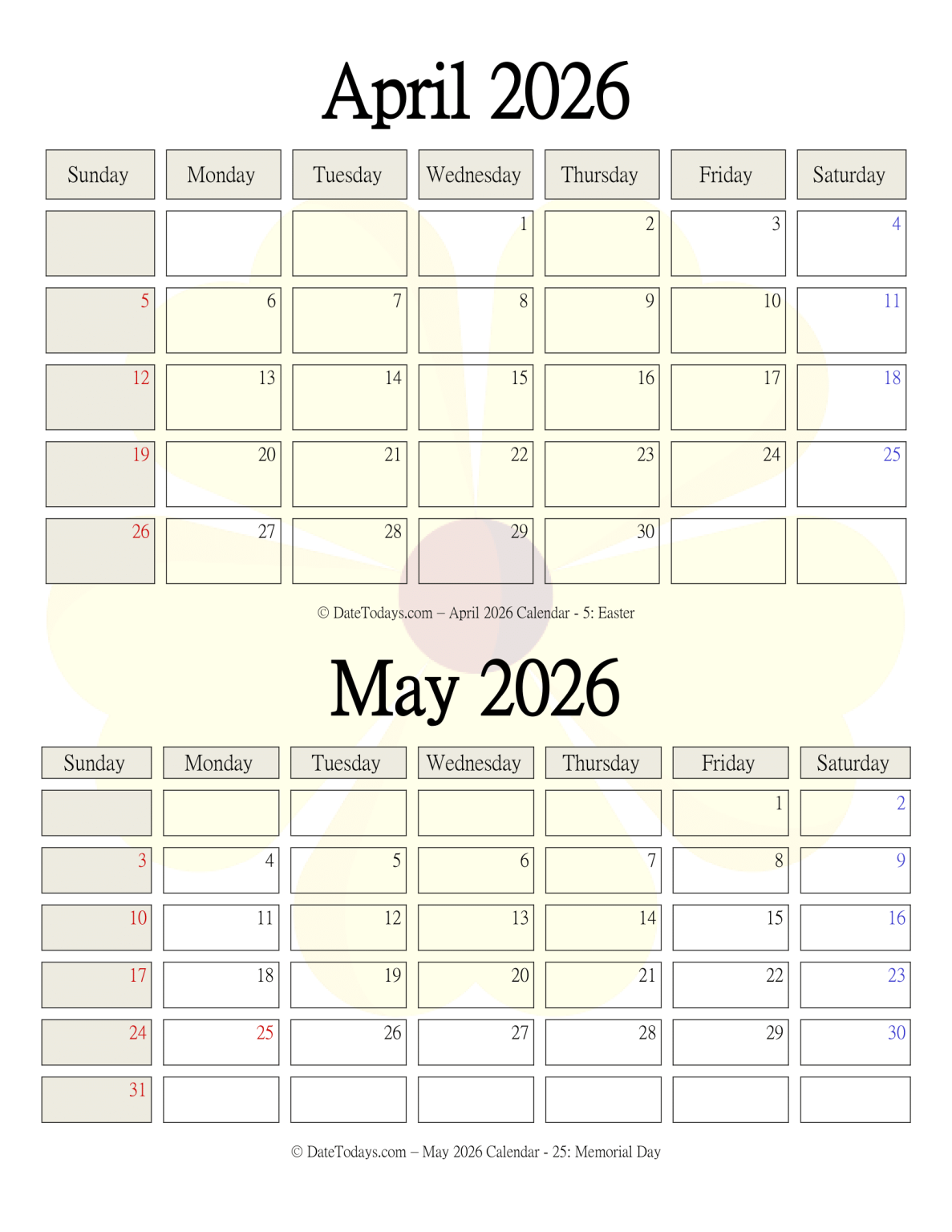 April May 2026 Calendar Printable PDF - 2 Month Calendar