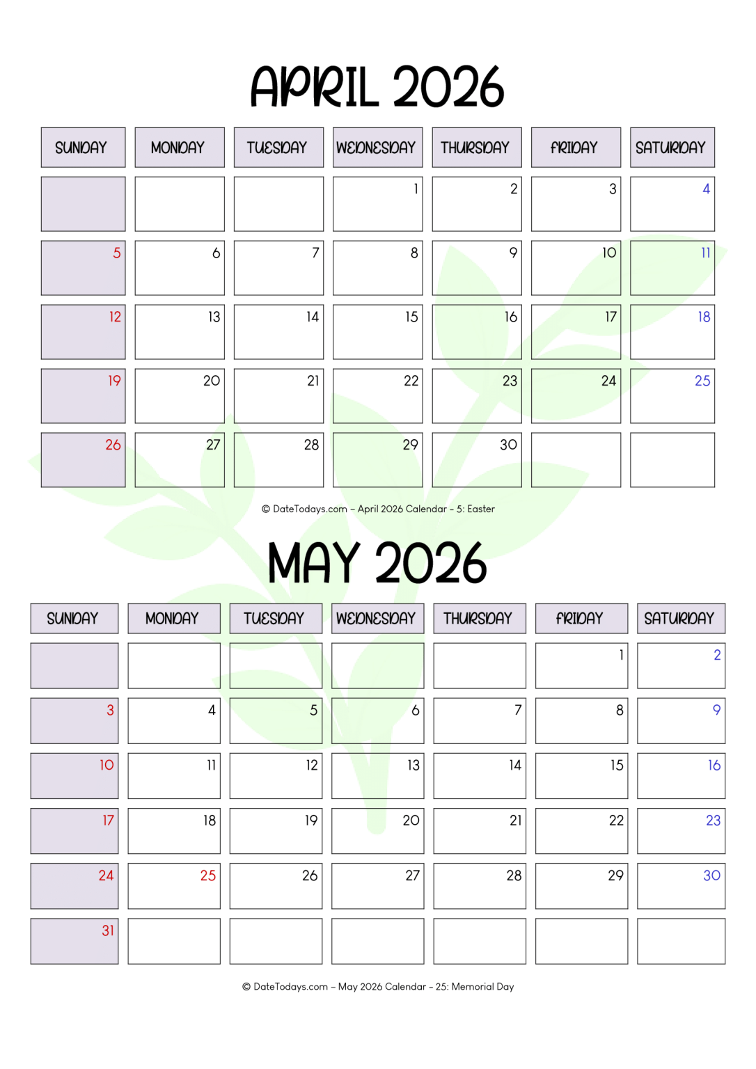 April May 2026 Calendar Printable PDF - 2 Month Calendar