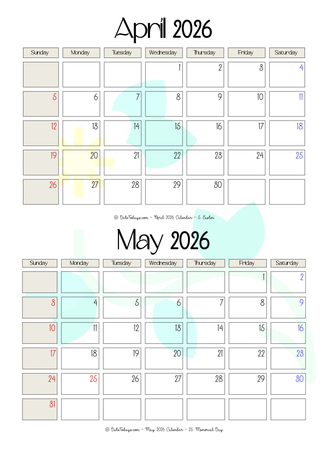 April May 2026 Calendar Printable PDF - 2 Month Calendar