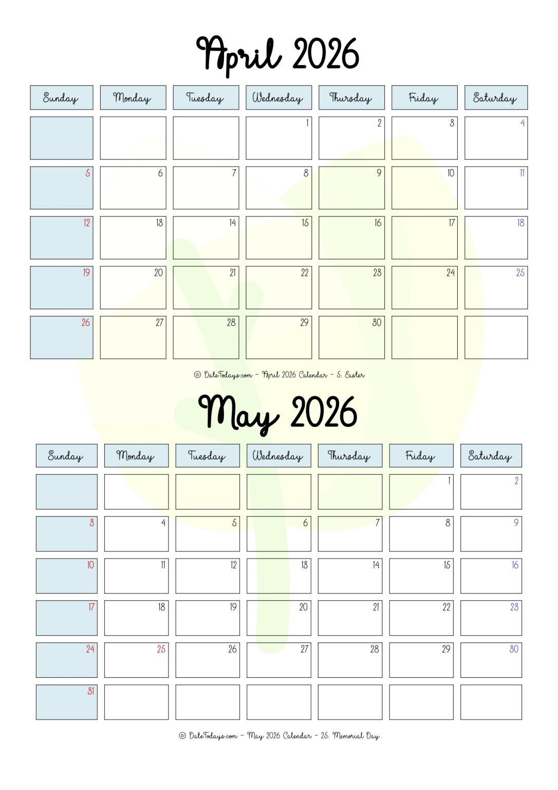 April May 2026 Calendar Printable PDF - 2 Month Calendar