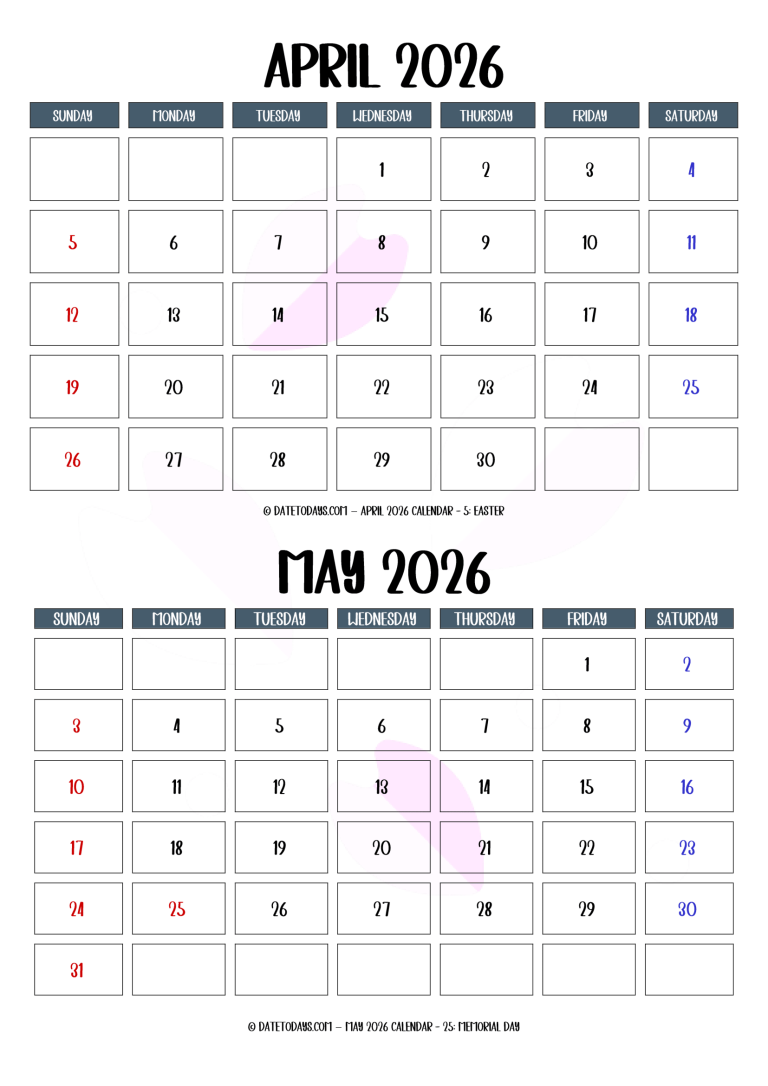 April May 2026 Calendar Printable PDF - 2 Month Calendar