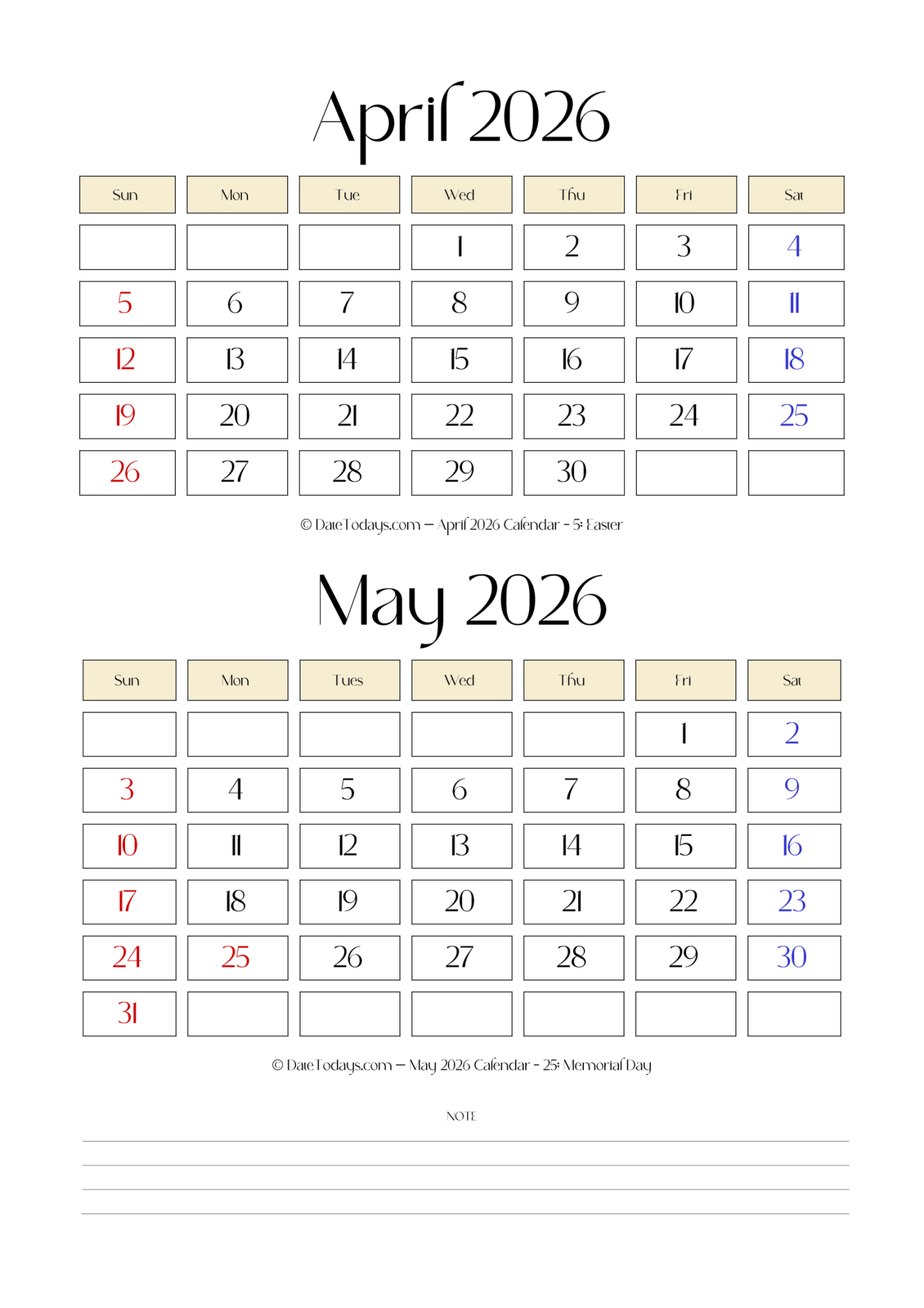 April May 2026 Calendar Printable PDF - 2 Month Calendar