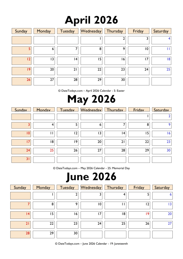 April May June 2026 Calendar Printable 3 Month Calendar