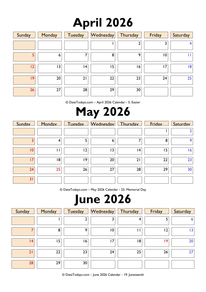 April May June 2026 Calendar Printable - 3 Month Calendar
