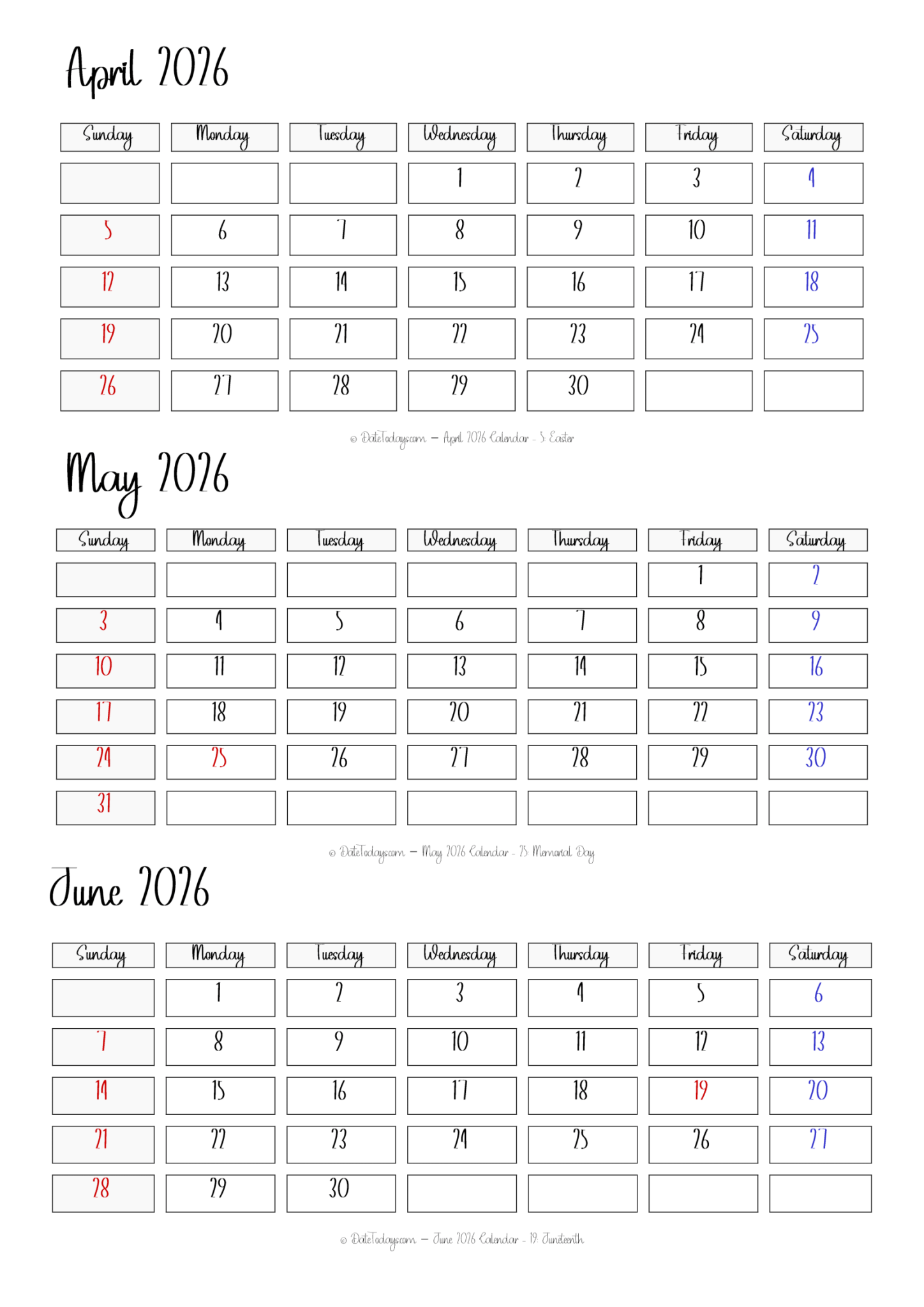 April May June 2026 Calendar Printable - 3 Month Calendar