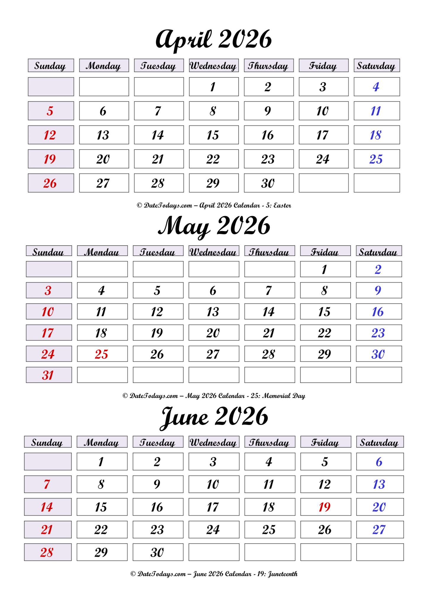 April May June 2026 Calendar Printable - 3 Month Calendar