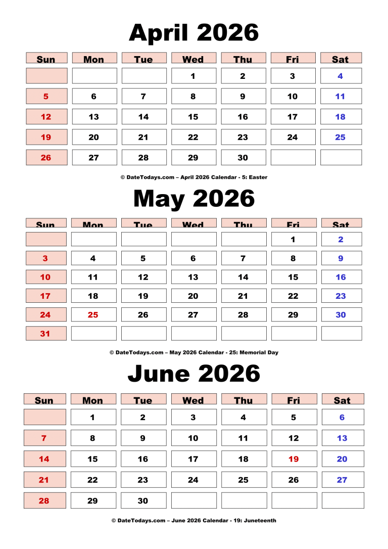 April May June 2026 Calendar Printable - 3 Month Calendar