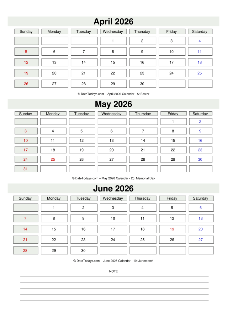April May June 2026 Calendar Printable - 3 Month Calendar