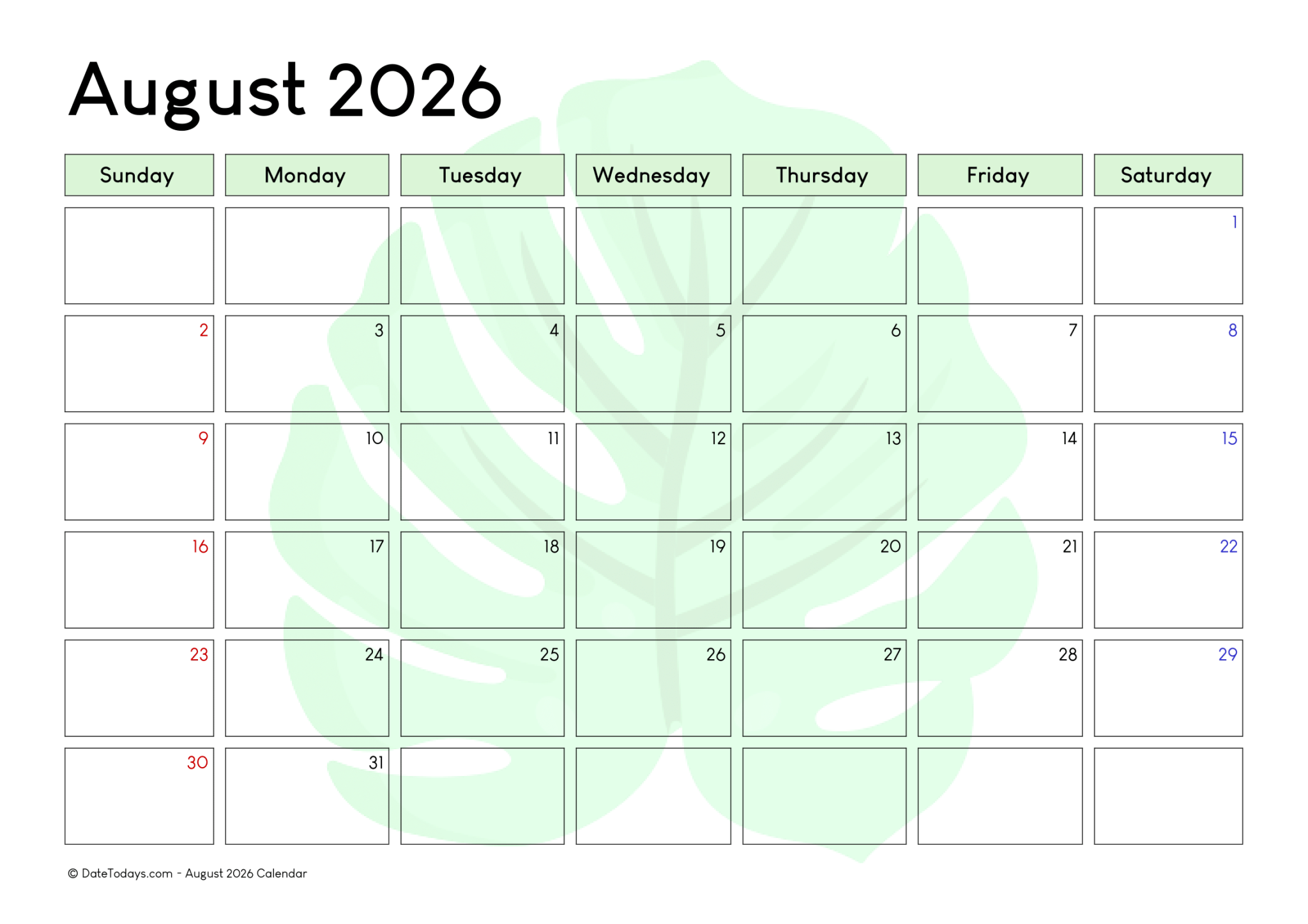 August 2026 Calendar with Holidays Printable PDF