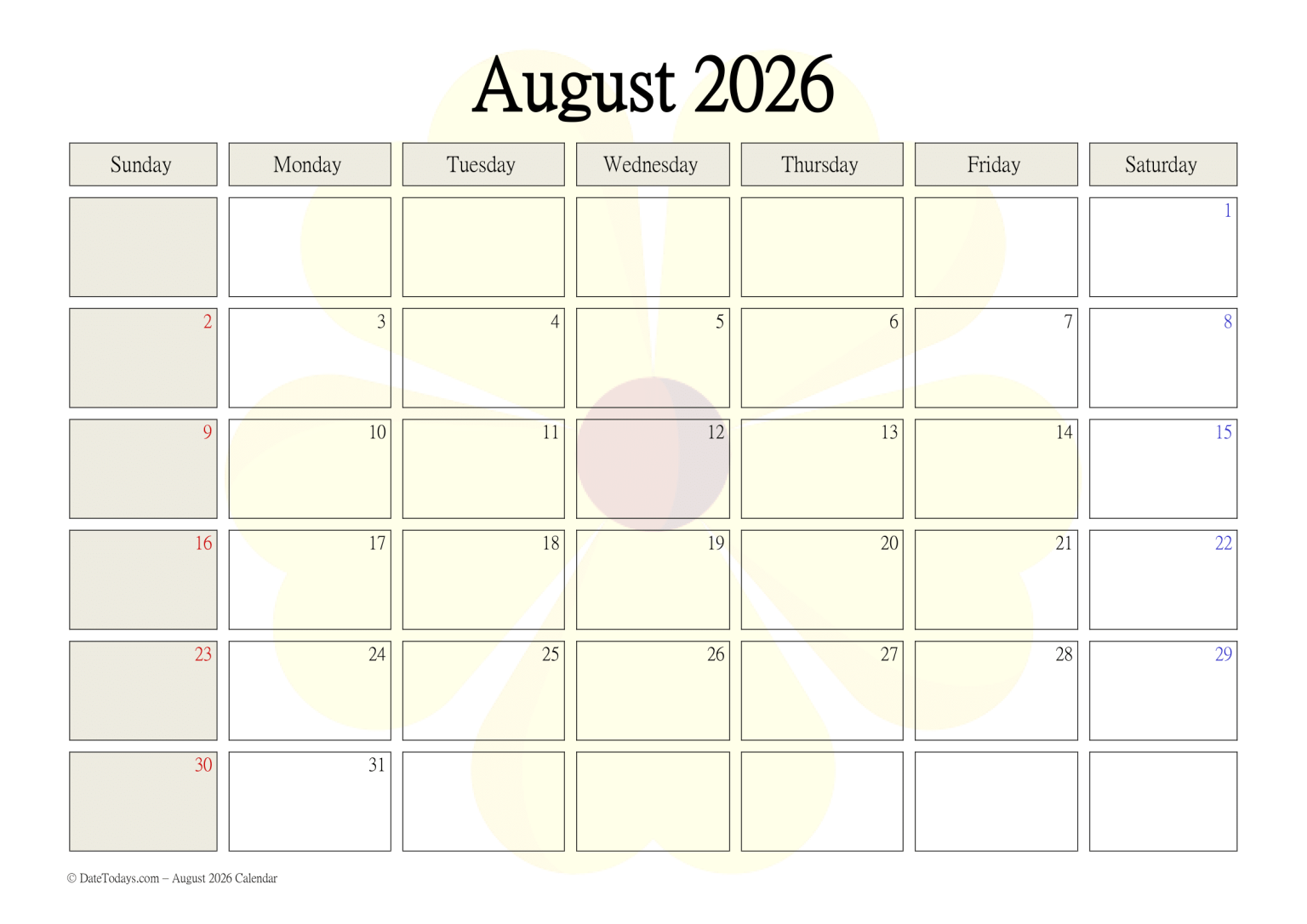August 2026 Calendar with Holidays Printable PDF