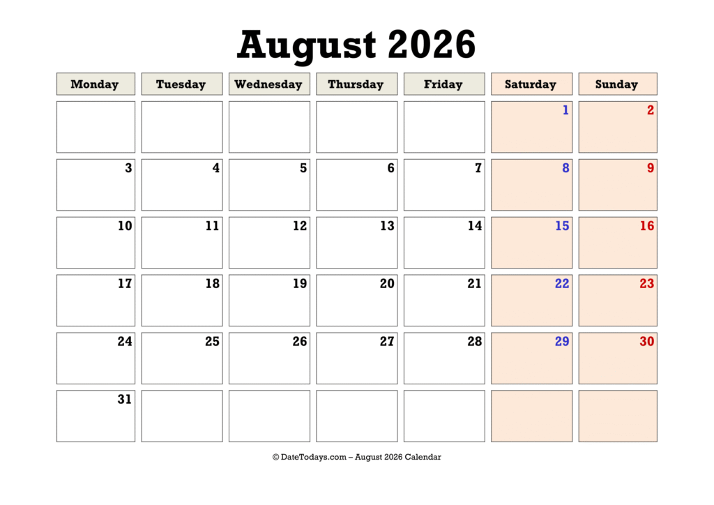 July August 2026 Calendar – 2 Month at a Glance with US Holidays