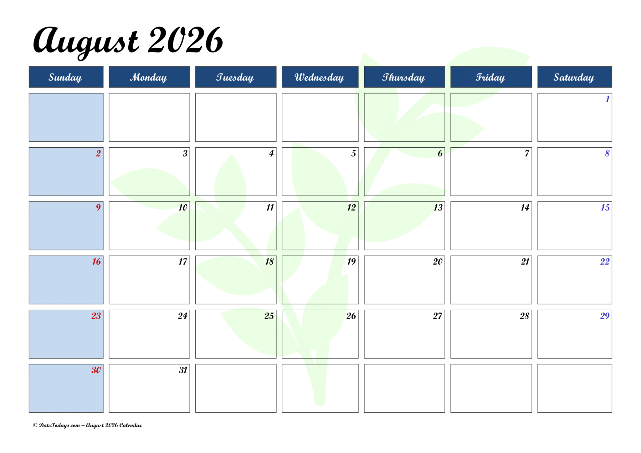 August 2026 Calendar with Holidays Printable PDF
