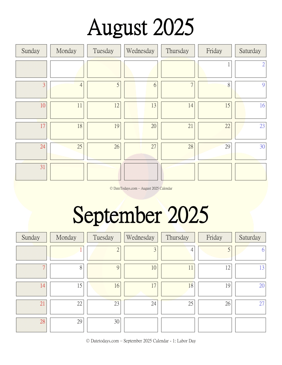 August September 2025 Calendar Printable - 2 Month Calendar