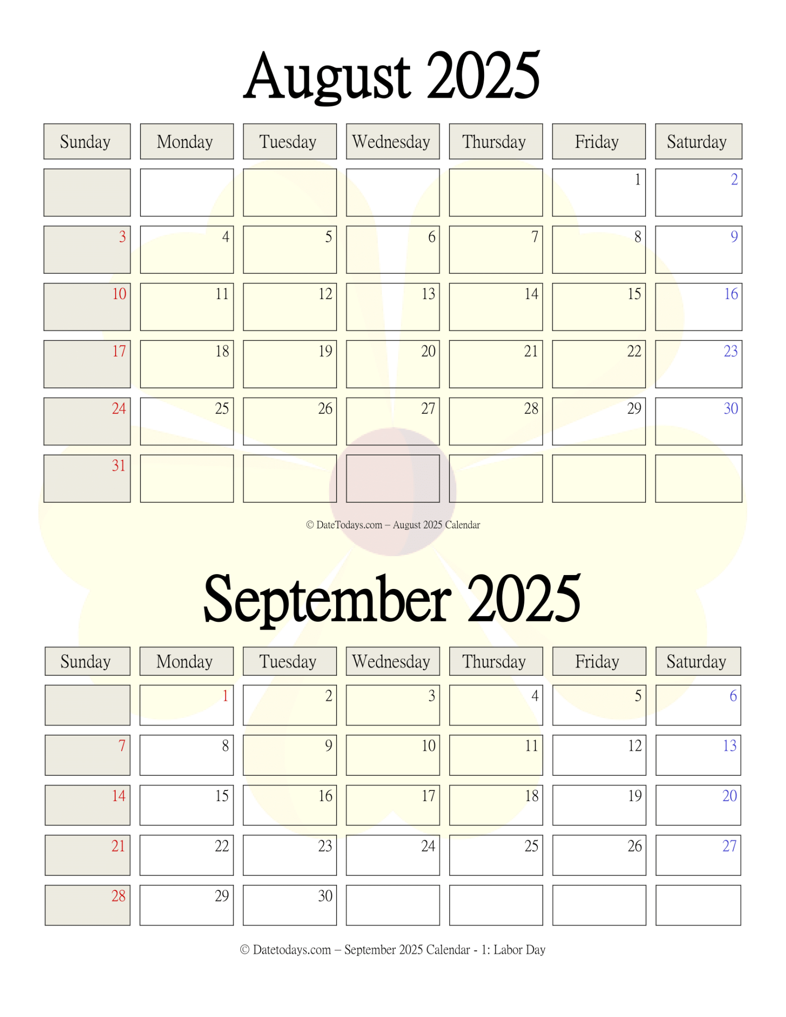 August September 2025 Calendar Printable - 2 Month Calendar