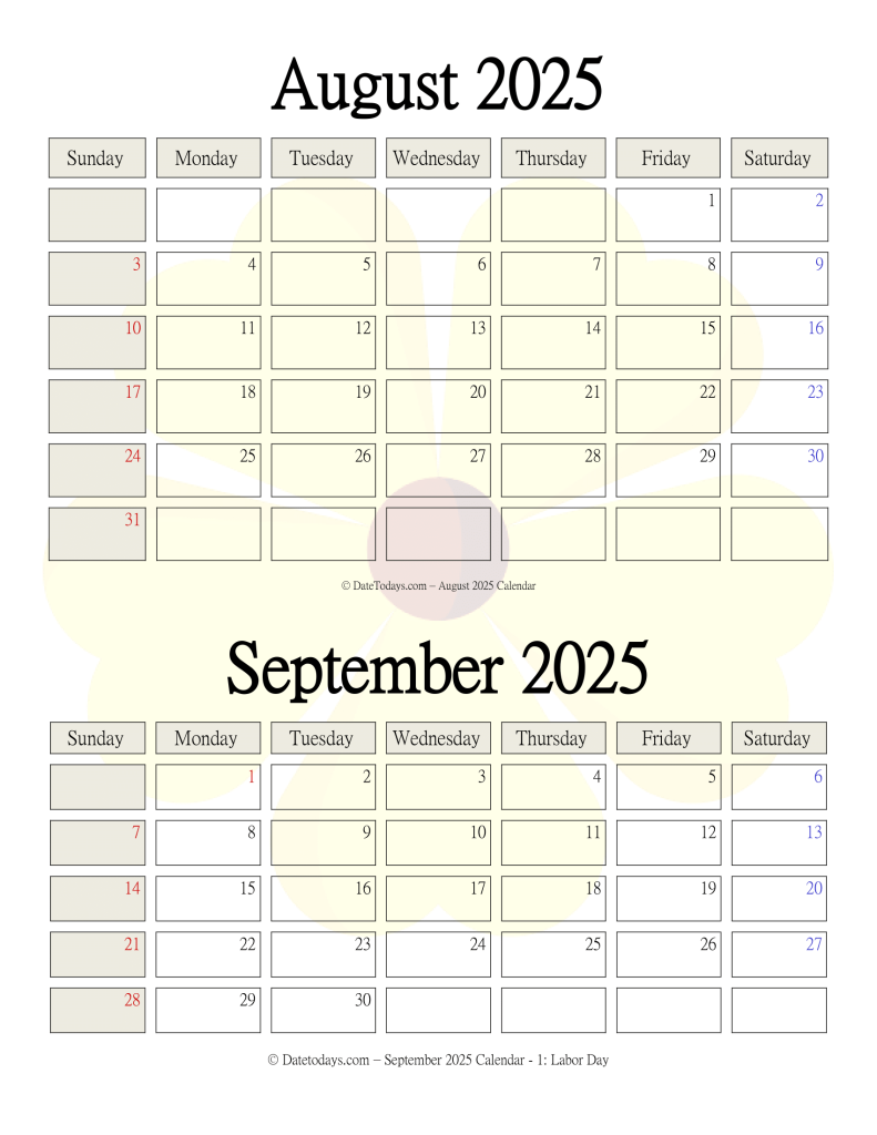 August September 2025 Calendar Printable - 2 Month Calendar