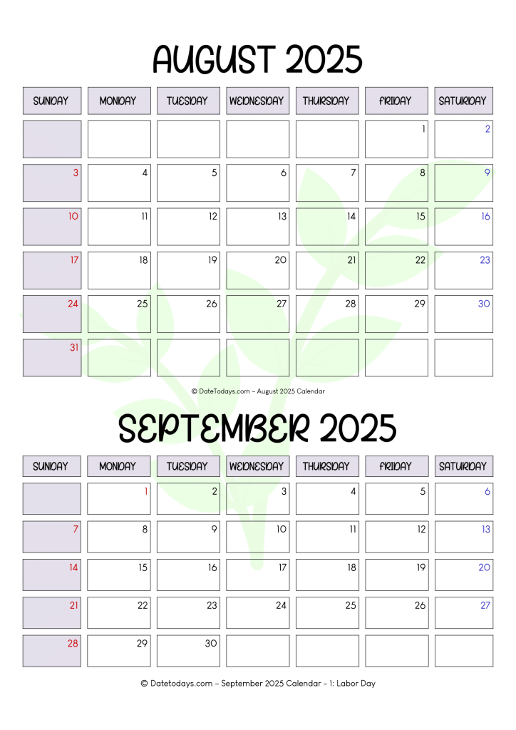 August September 2025 Calendar Printable - 2 Month Calendar