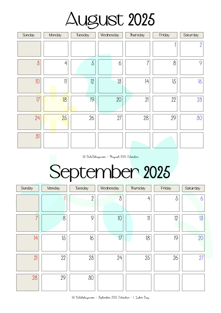 August September 2025 Calendar Printable - 2 Month Calendar