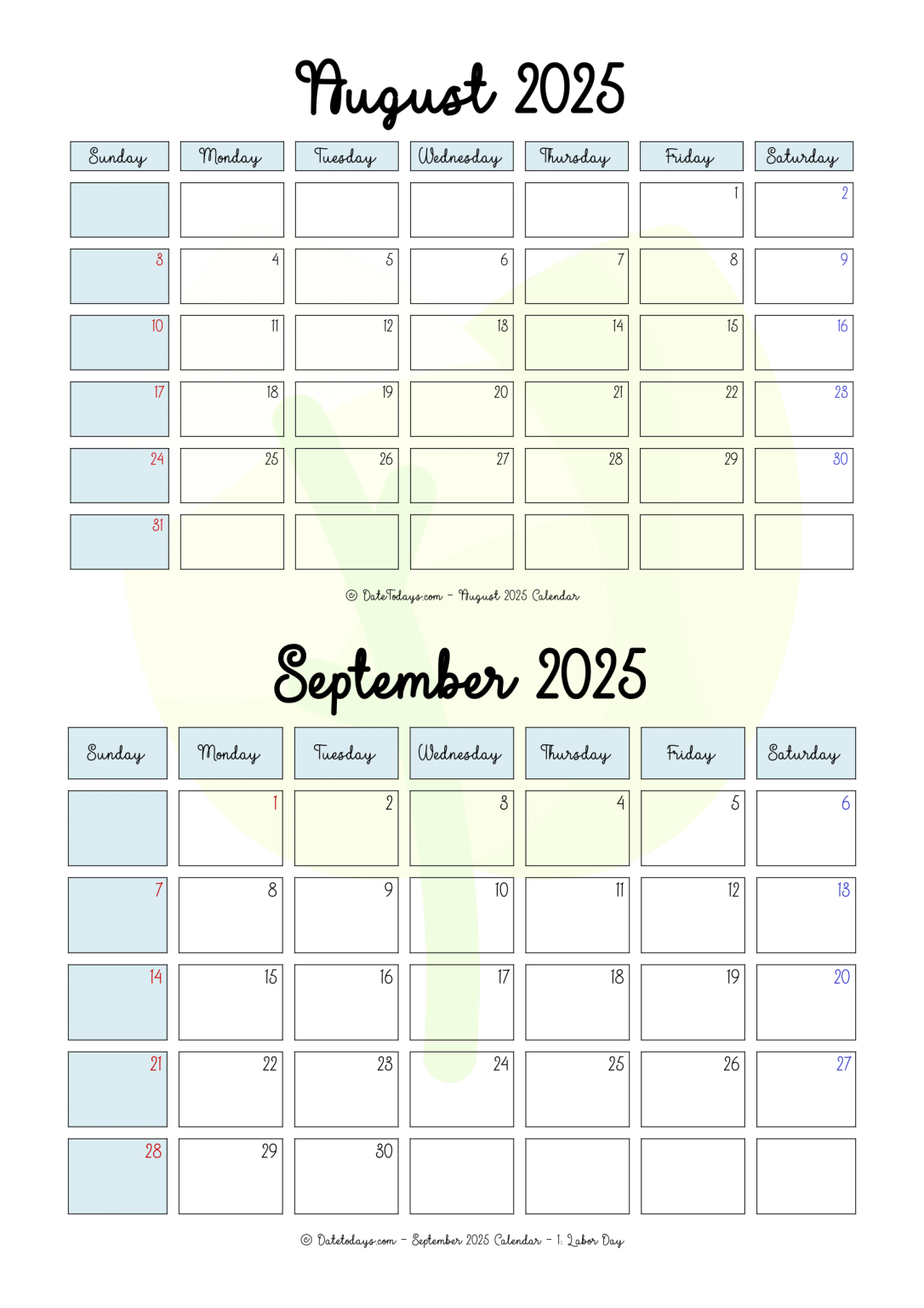 August September 2025 Calendar Printable - 2 Month Calendar
