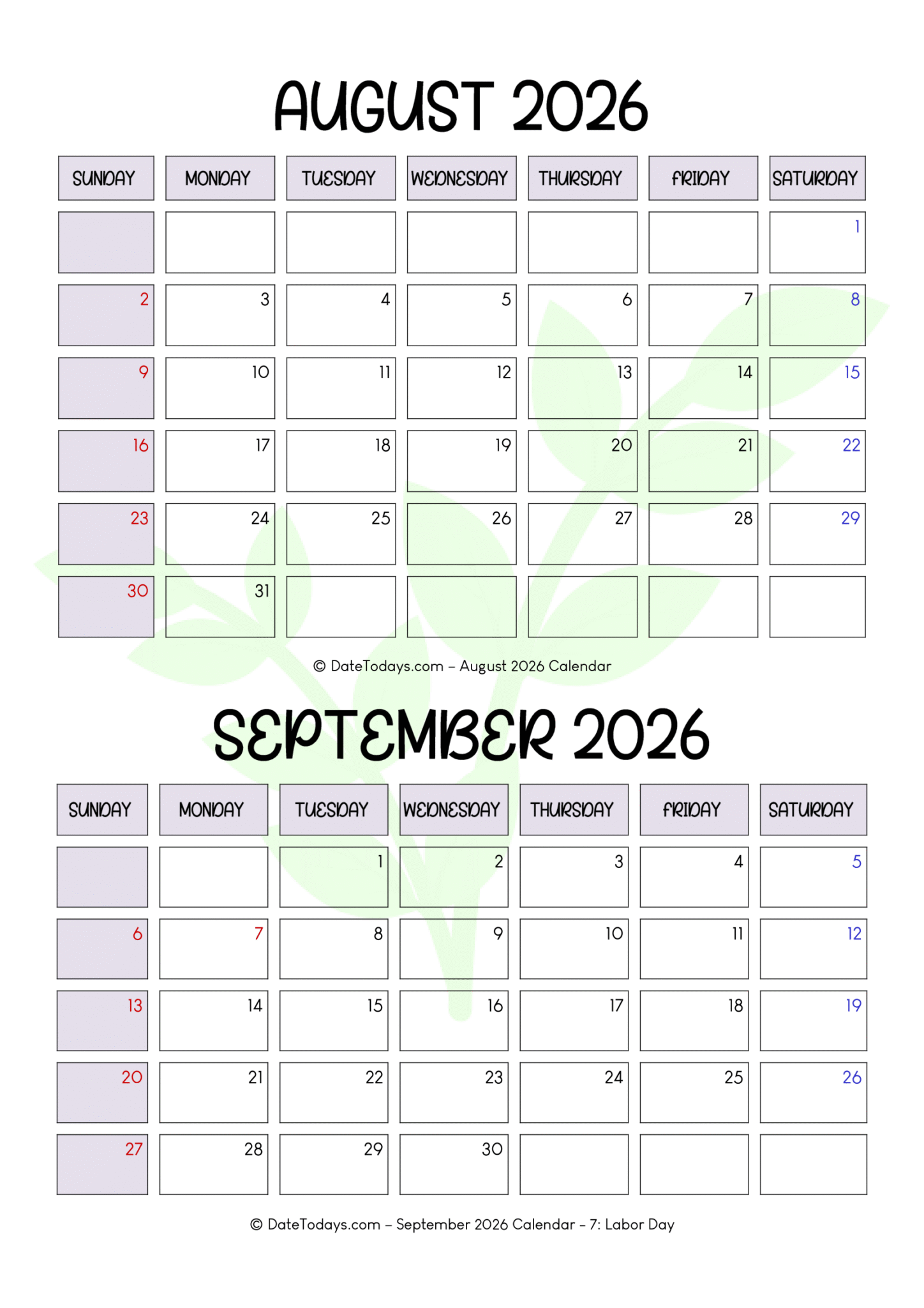 August September 2026 Calendar - 2 Month Calendar