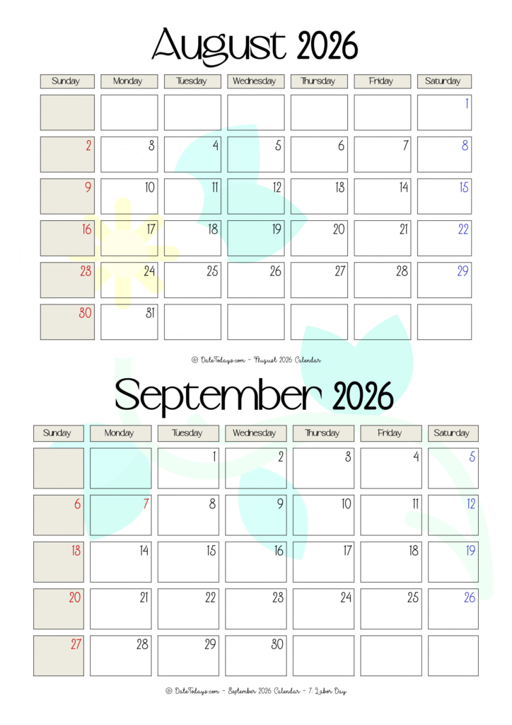 August September 2026 Calendar - 2 Month Calendar