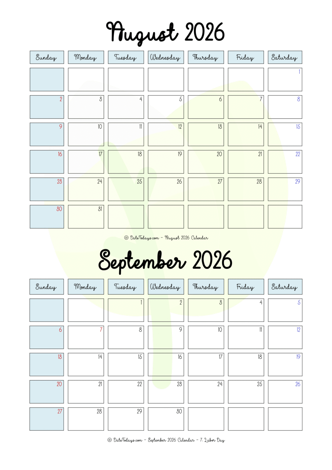August September 2026 Calendar - 2 Month Calendar