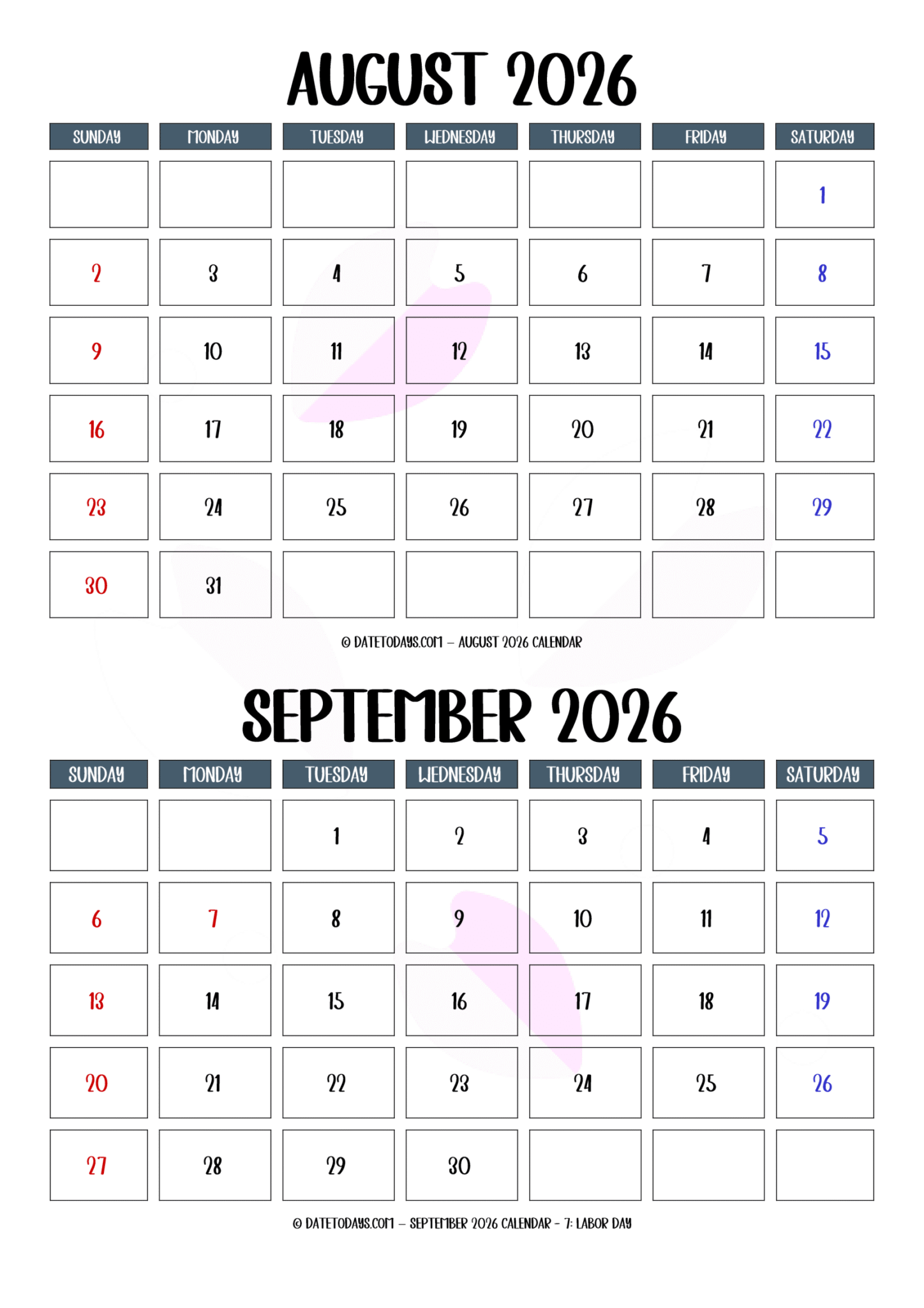 August September 2026 Calendar - 2 Month Calendar