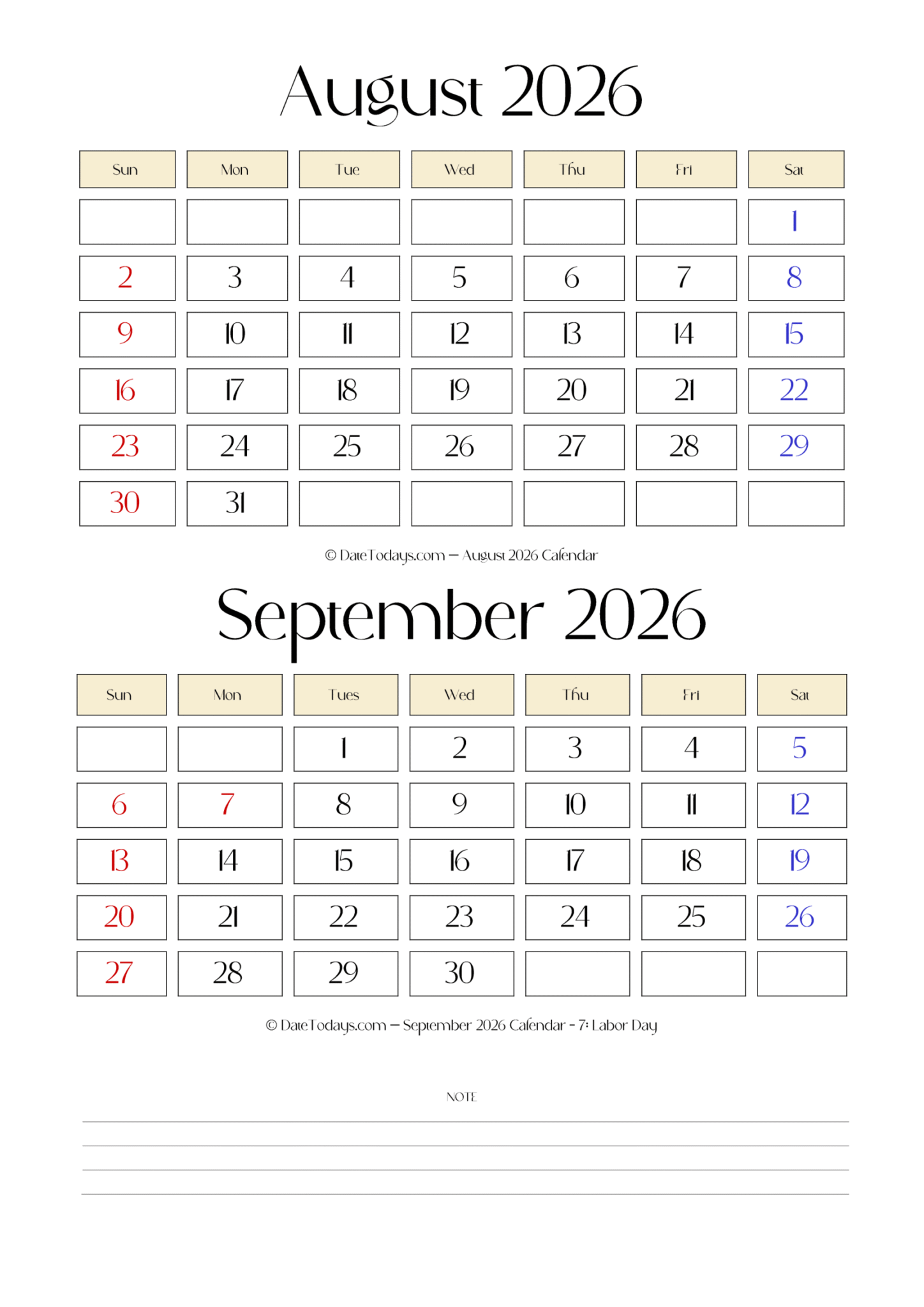 August September 2026 Calendar - 2 Month Calendar