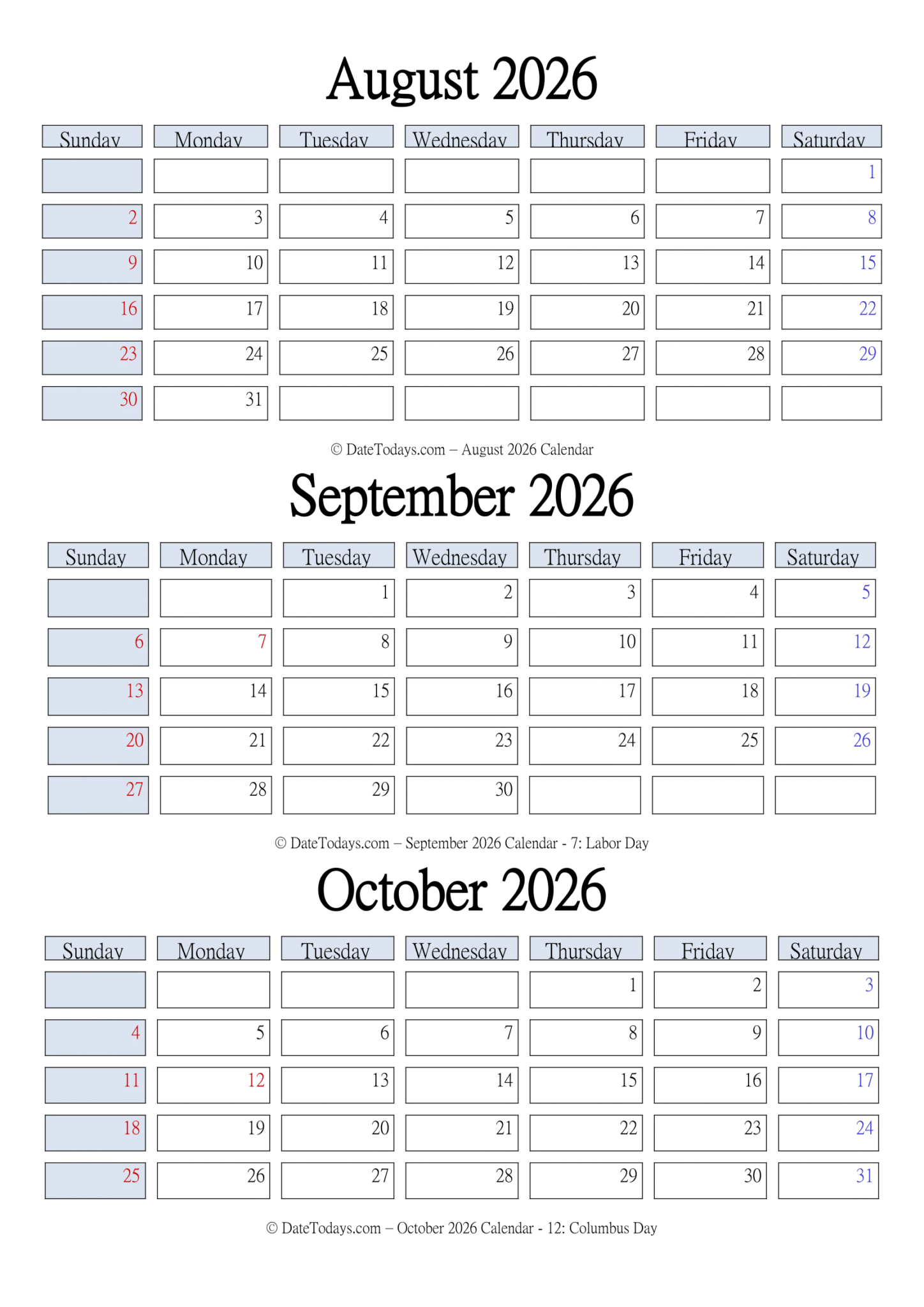 July August September 2026 Calendar Printable
