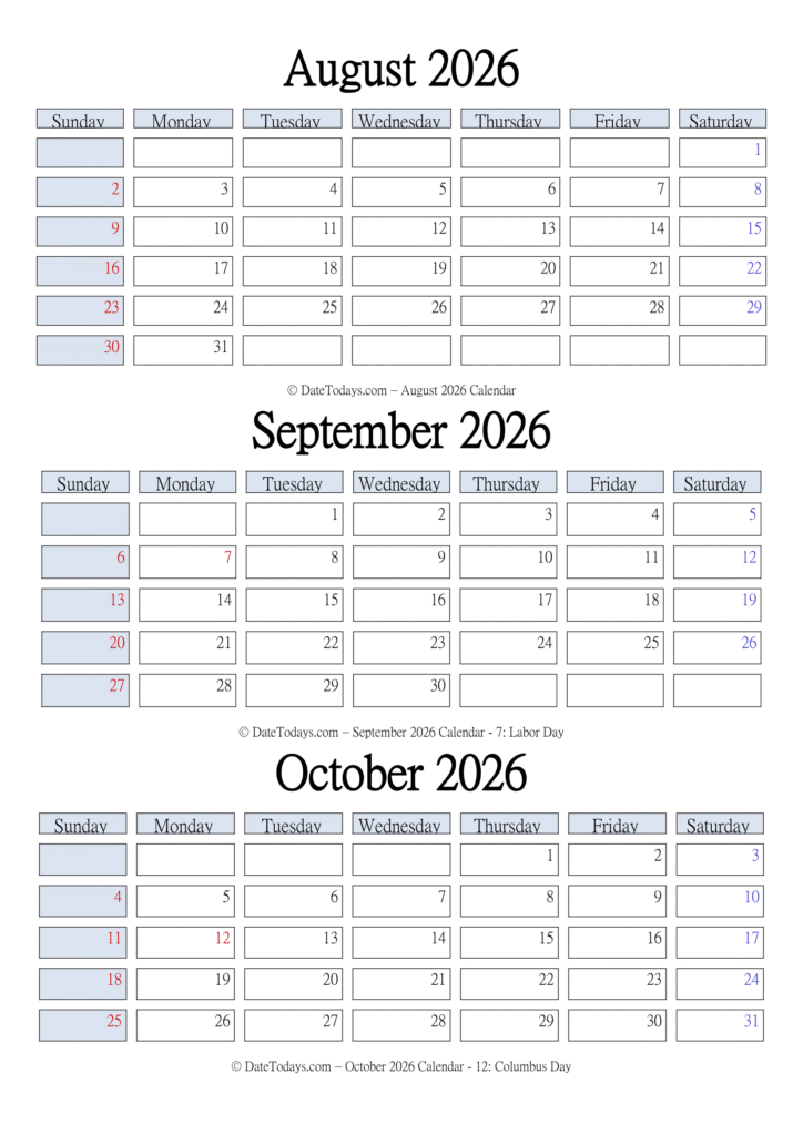 August September October 2026 Calendar - Date Today's