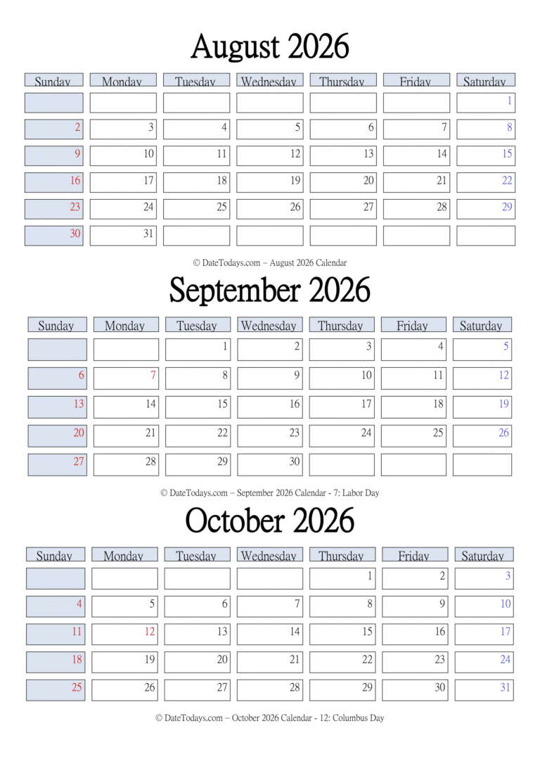 July August September 2026 Calendar Printable