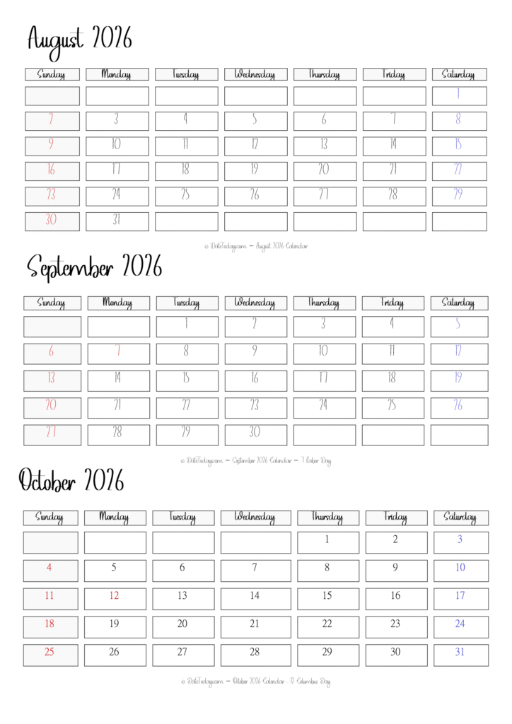 August September October 2026 Calendar - Date Today's