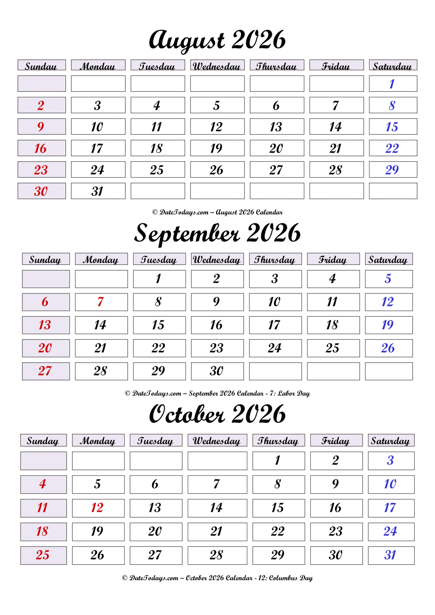 August September October 2026 Calendar - Date Today's